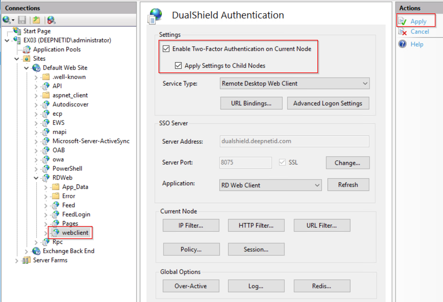 Enable MFA on the Web Client node - DualShield MFA Platform - Deepnet Security Technical Guides